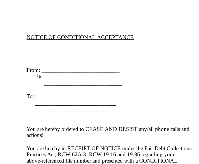 Conditional Acceptance Letter for Debt (Sample) – Law Looper Store
